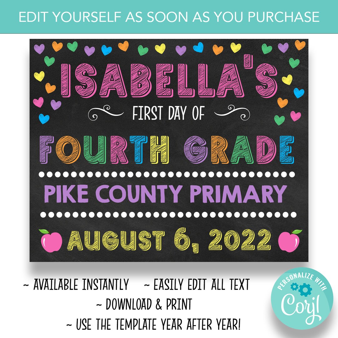 Editable Personalized First Day of Fourth Grade Sign | Pastel ...