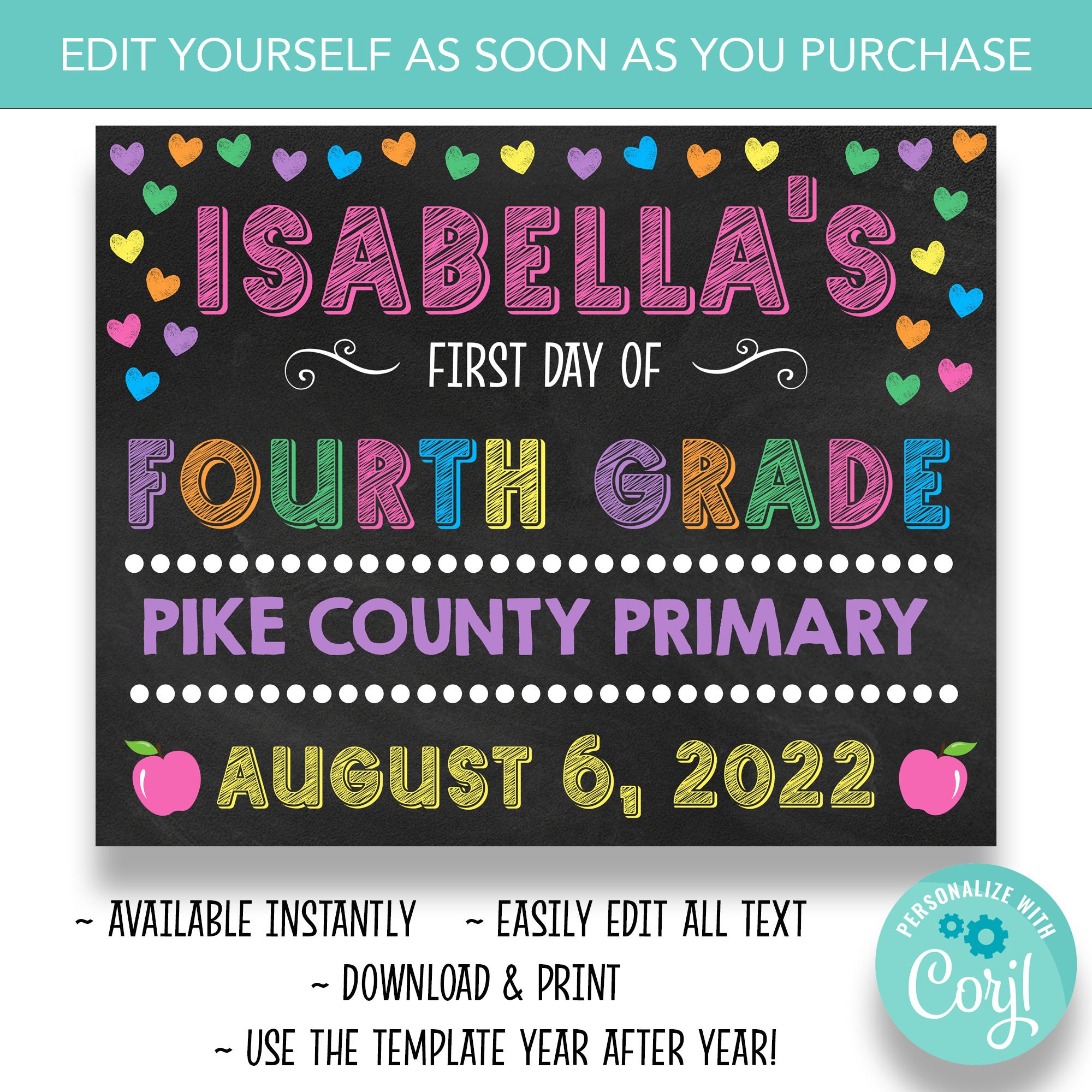 Editable Personalized First Day of Fourth Grade Sign | Pastel ...