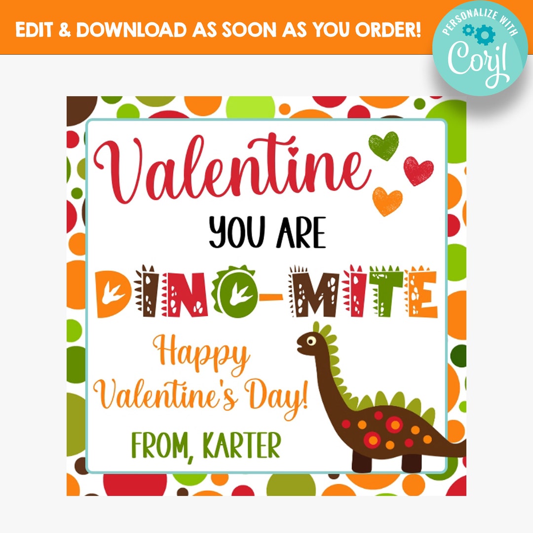 EDITABLE Dinosaur Valentine's Favor Tag | You're DINO-MITE Kids ...