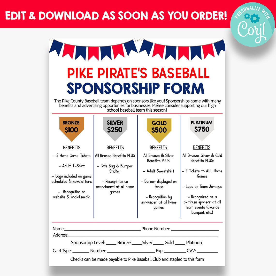 EDITABLE Baseball Sponsorship Form | Baseball Membership Form | School ...