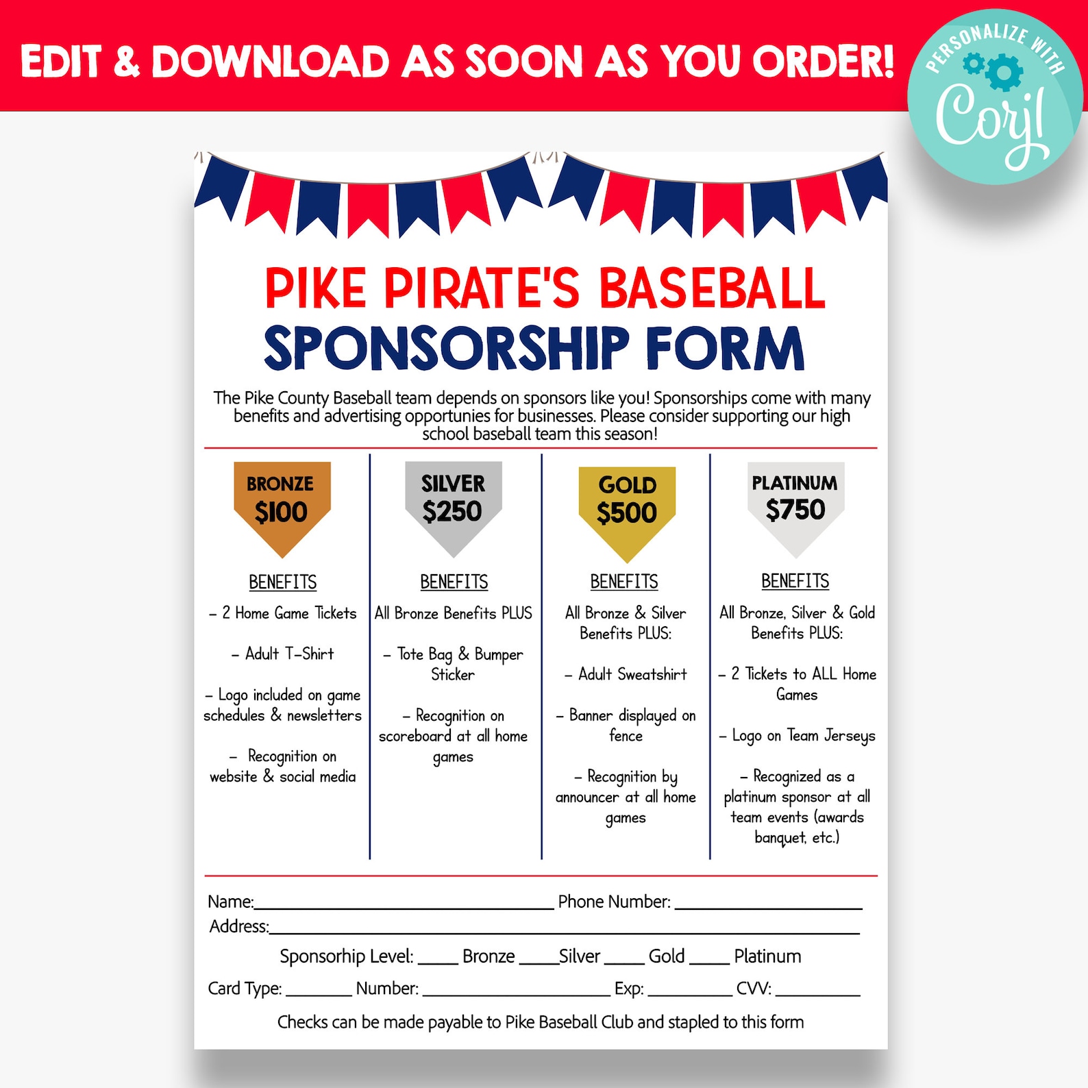 EDITABLE Baseball Sponsorship Form | Baseball Membership Form | School ...