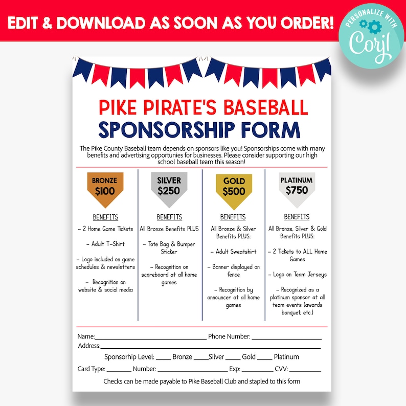 EDITABLE Baseball Sponsorship Form Baseball Membership Form - Etsy