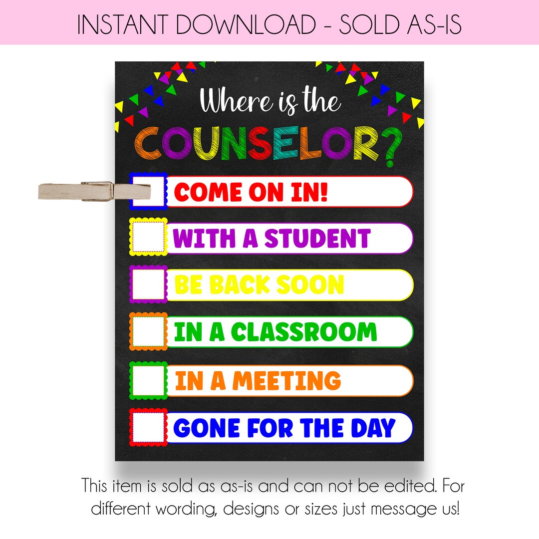 INSTANT DOWNLOAD Where's the Counselor Door Sign | Bright Primary Chalk ...