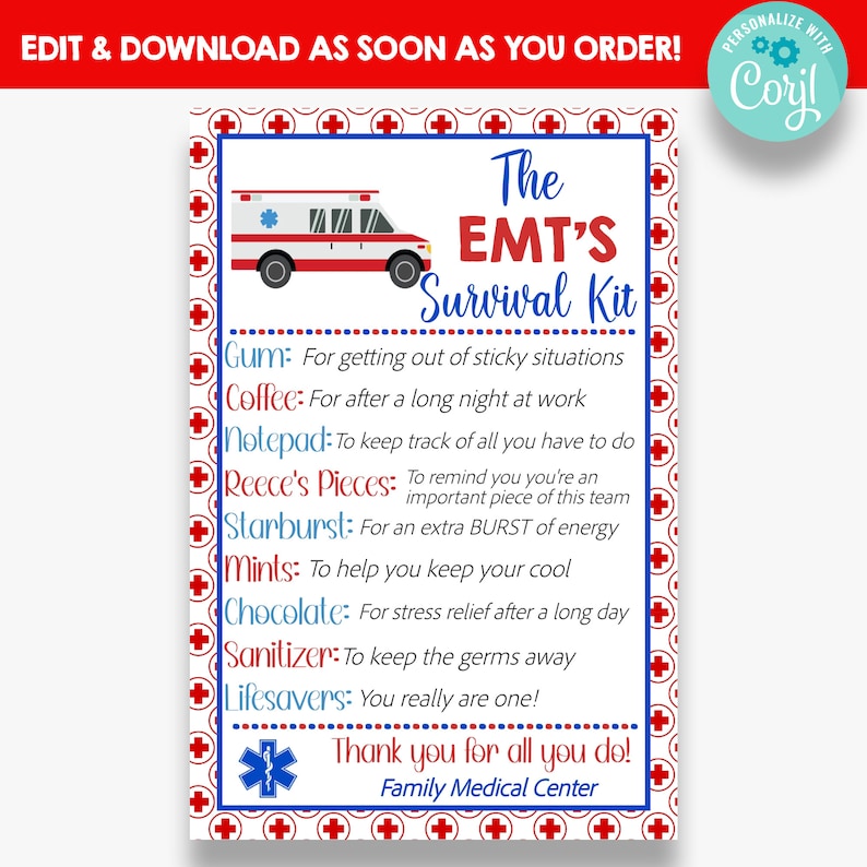 EDITABLE EMT'S Survival Kit Gift Tag | EMT Thank You Gift Tag | Medical ...