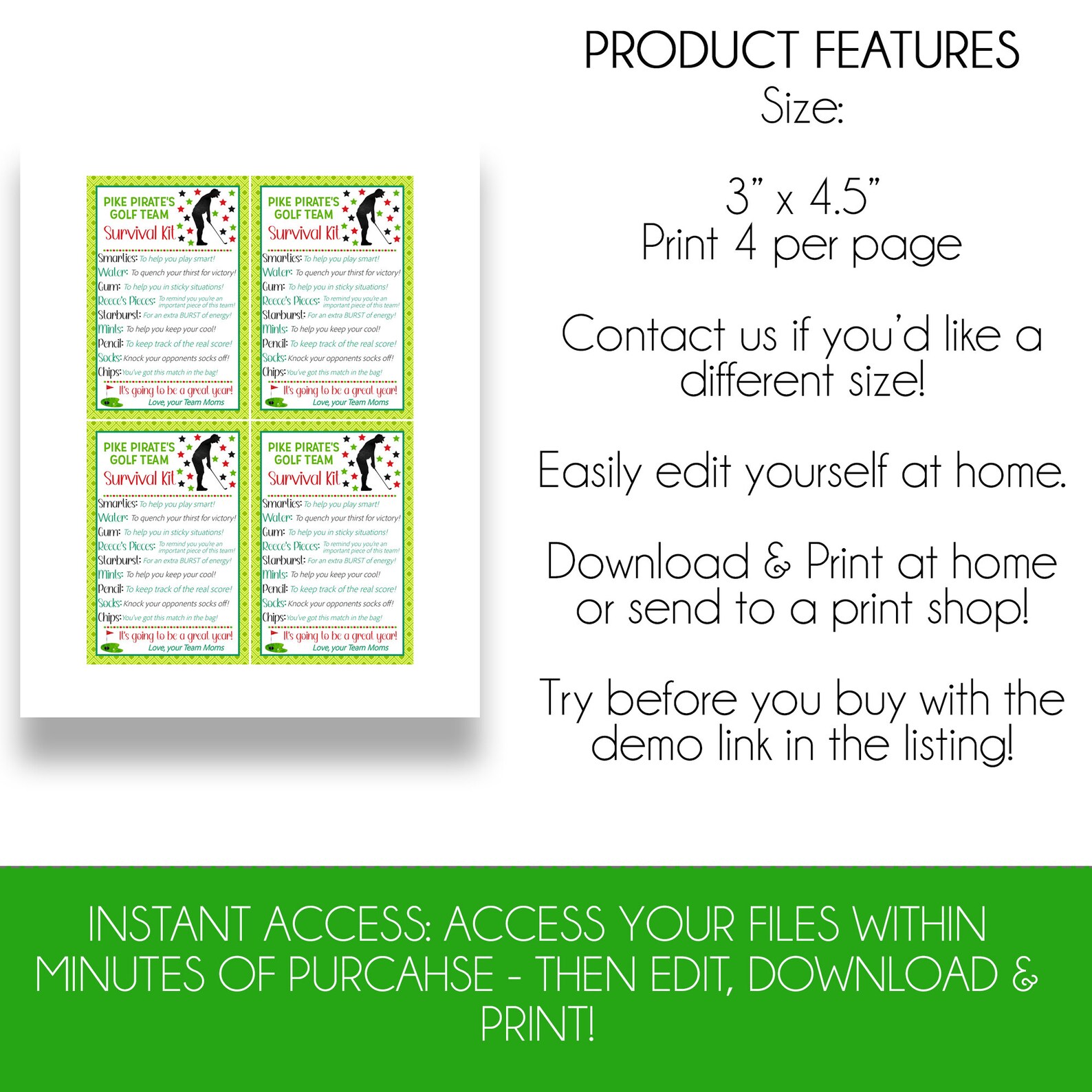 EDITABLE Golf Survival Kit Tag | Golf Team Gift Idea | School Sports ...