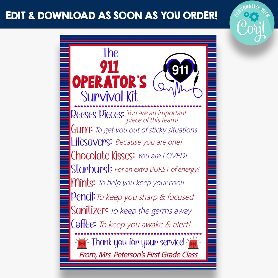 EDITABLE 911 Dispatcher's Survival Kit Tag | 911 Operator Thank You ...