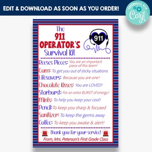 EDITABLE 911 Dispatcher's Survival Kit Tag | 911 Operator Thank You ...