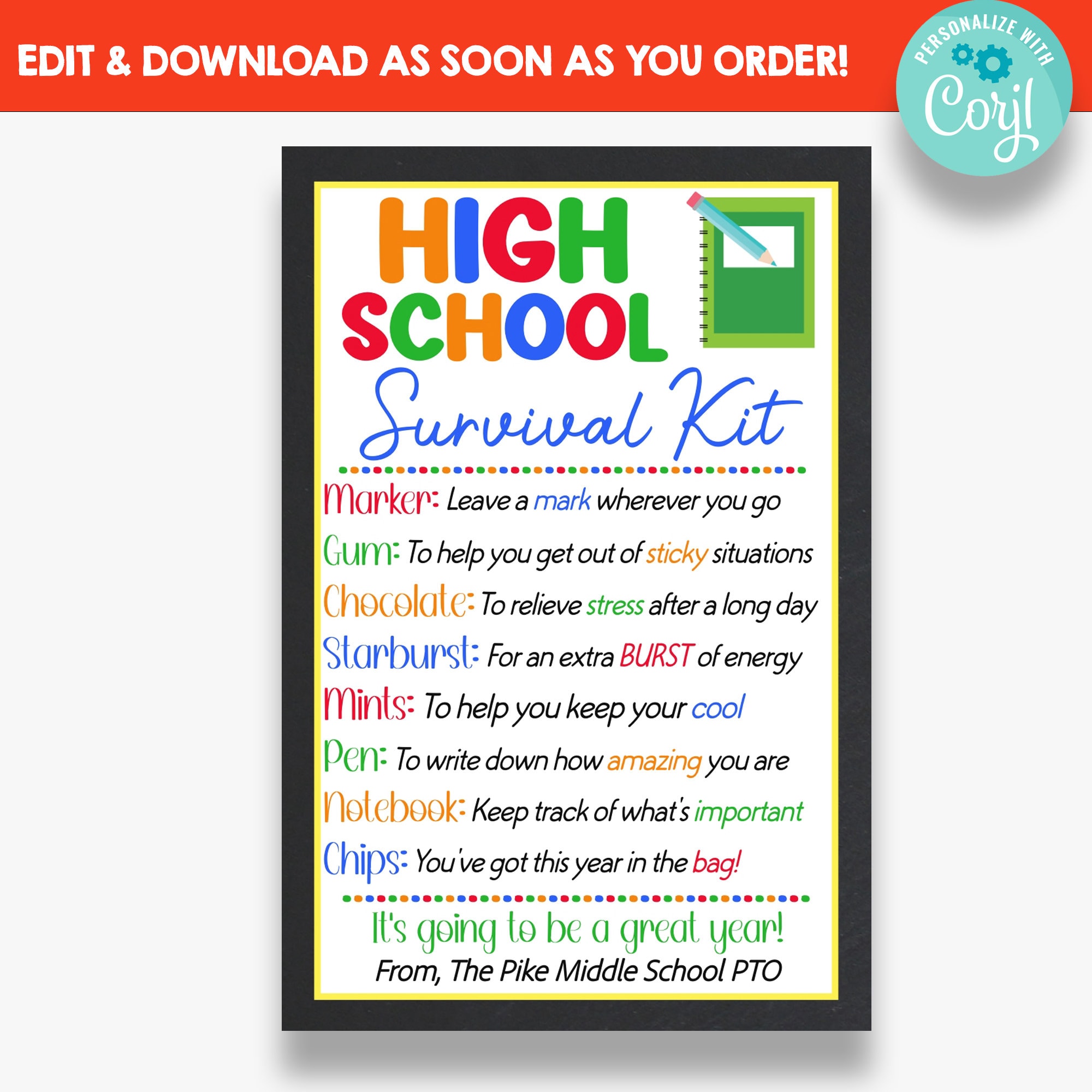 EDITABLE Hign School Survival Kit Gift Tags Back to School - Etsy