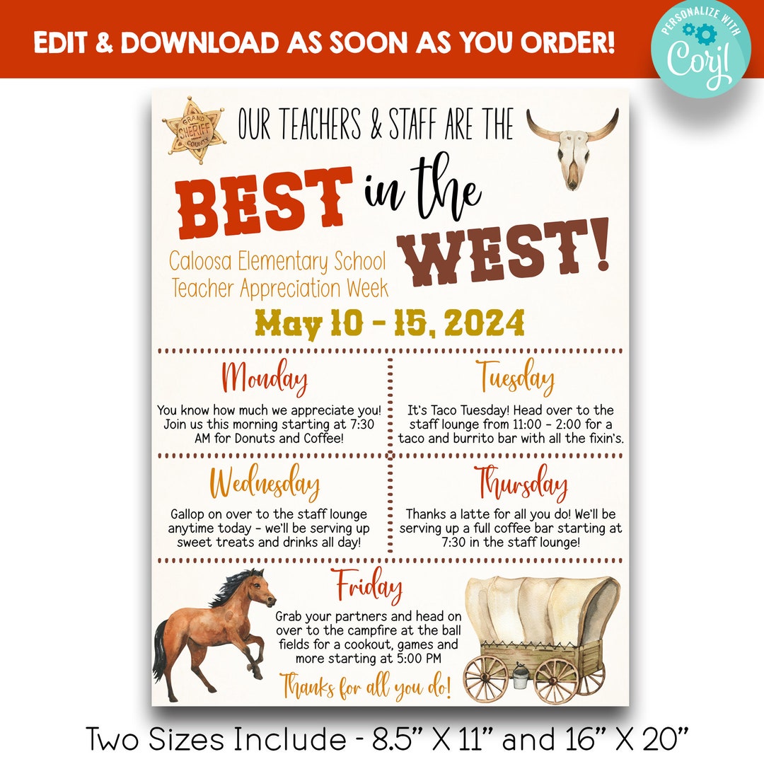 EDITABLE Western Themed Teacher Appreciation Week Itinerary | Best in ...