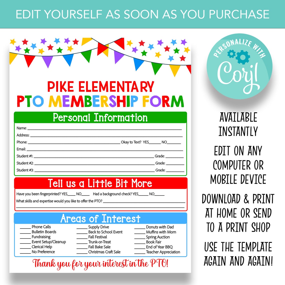 Editable PTO Membership Form Printable PTA Sign-up Sheet - Etsy