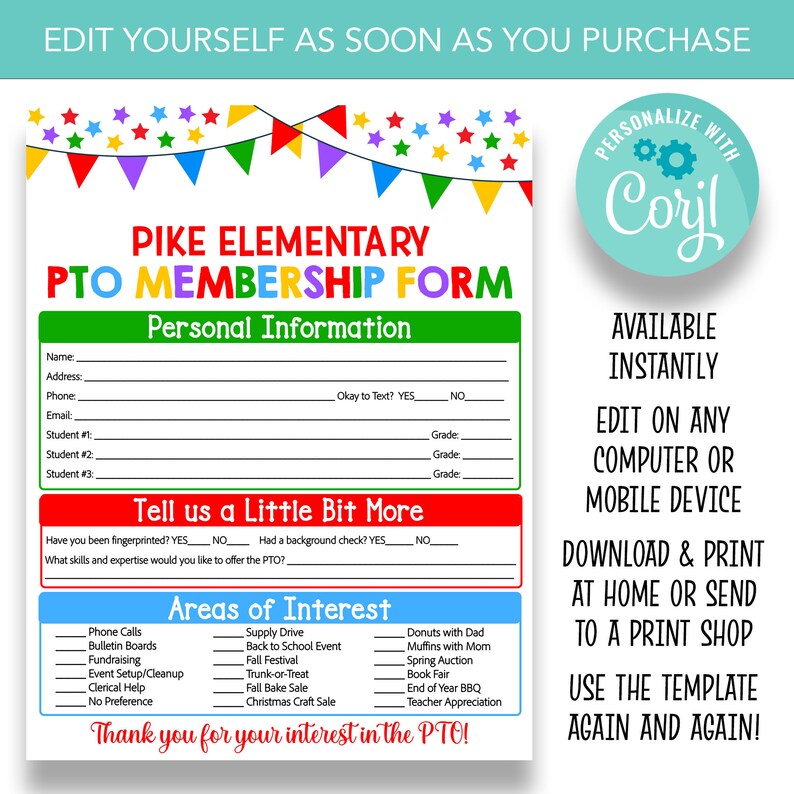Editable PTO Membership Form Printable PTA Sign-up Sheet - Etsy