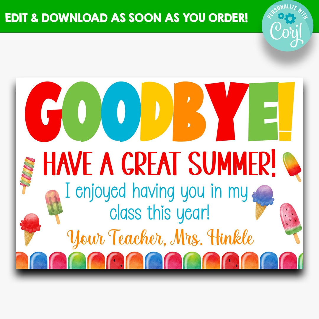 EDITABLE Goodbye! Have a Great Summer End of School Postcard From ...