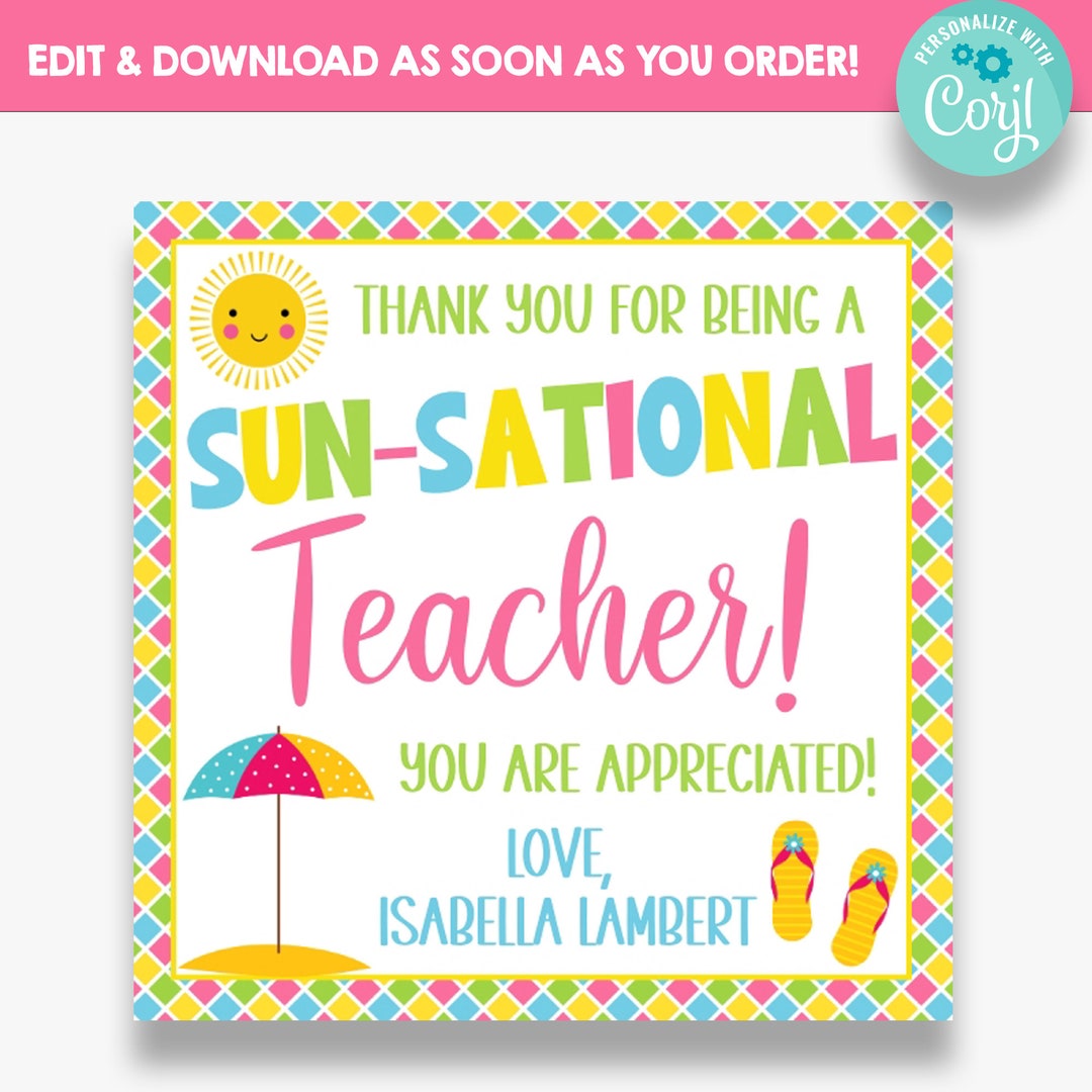 EDITABLE Thank You for Being a Sun-sational Teacher Square Gift Tag ...