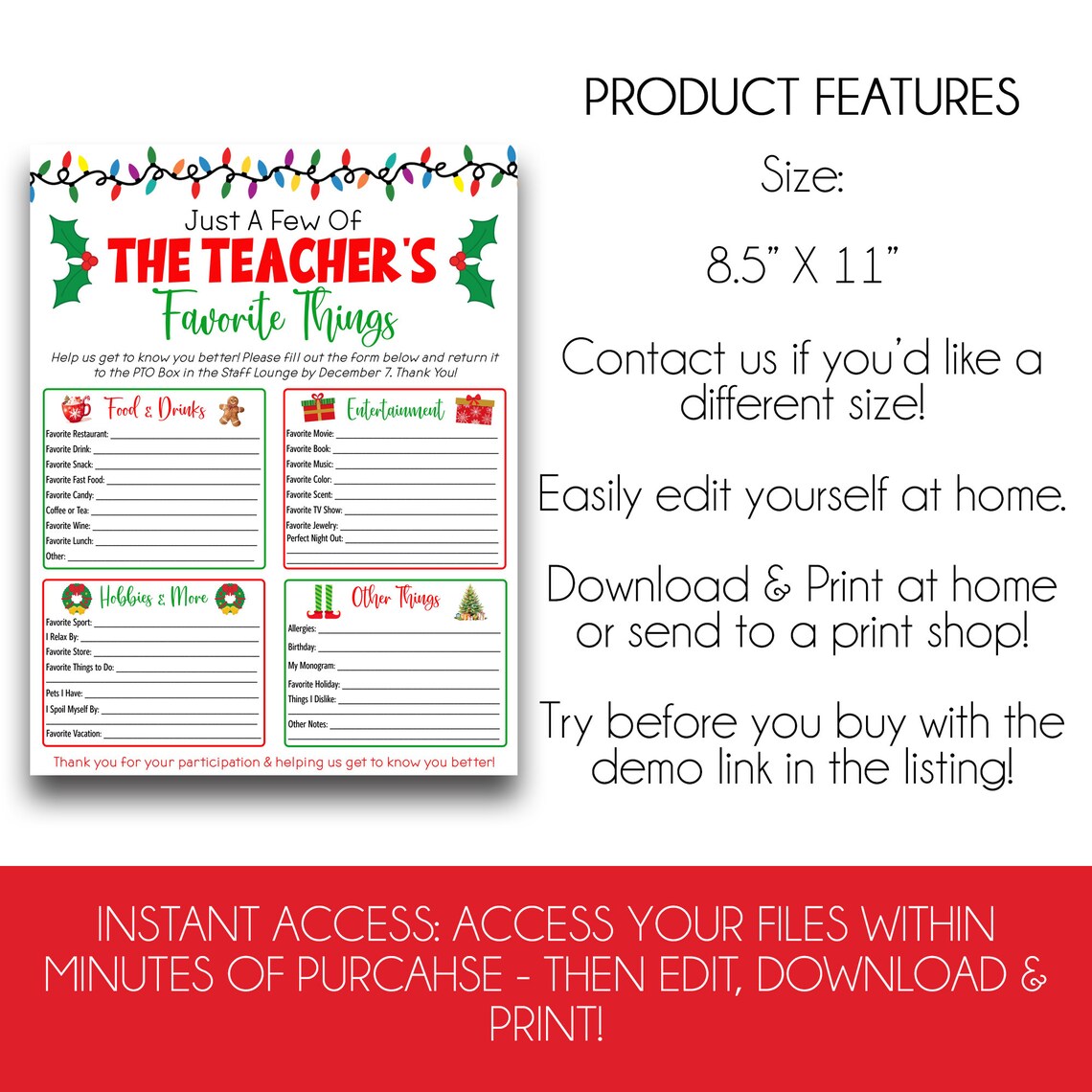 EDITABLE Teachers Favorite Things Survey | Teacher Christmas Wish List ...