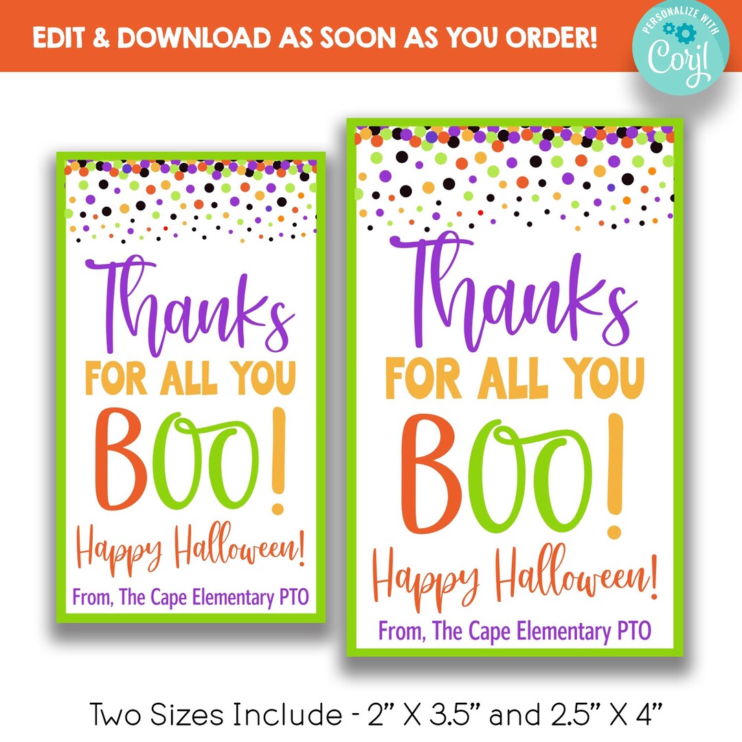 EDITABLE Thanks for All You Boo Halloween Appreciation Treat Bag Tags ...