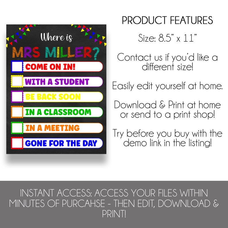 EDITABLE Where is the Teacher Sign | Bright Colors Chalkboard Where is ...