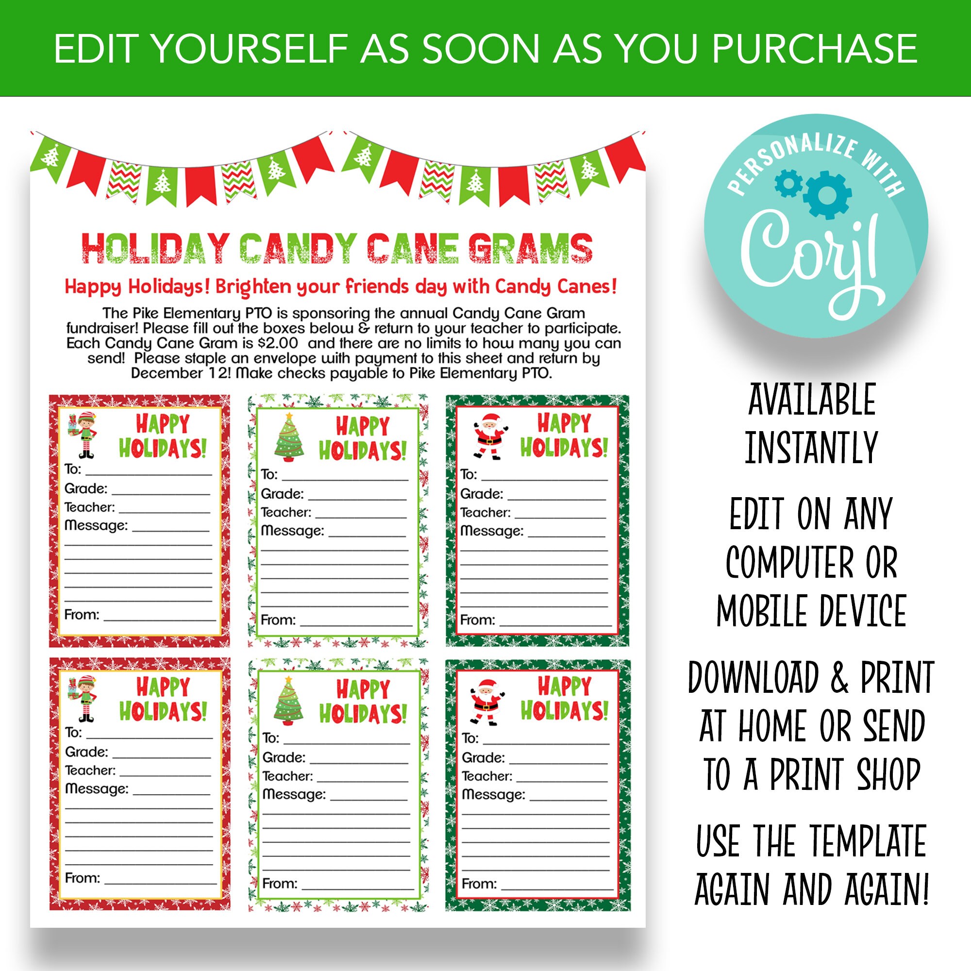EDITABLE Holiday Candy Gram Flyer | Candy Cane Sale Flyer | School ...