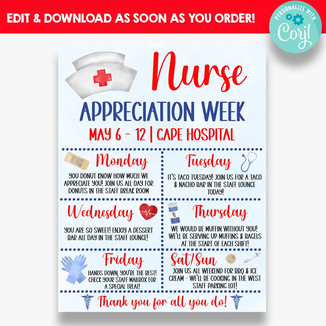EDITABLE Nurse Appreciation Week Itinerary Flyer | Nurse's Week Event ...