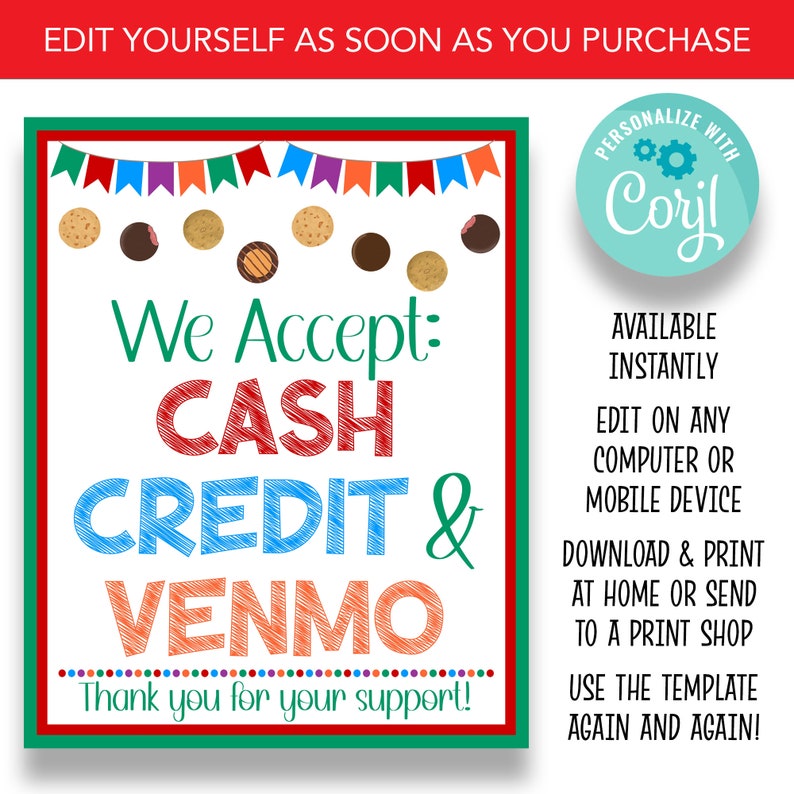 EDITABLE Payment Types Sign We Accept Cash Credit Venmo Sign - Etsy