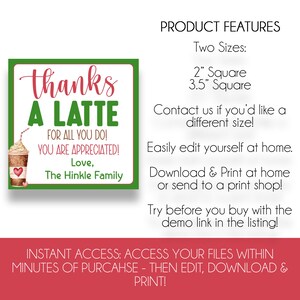EDITABLE Thanks a Latte for All You Do Square Gift Tags | Coffee Gift ...