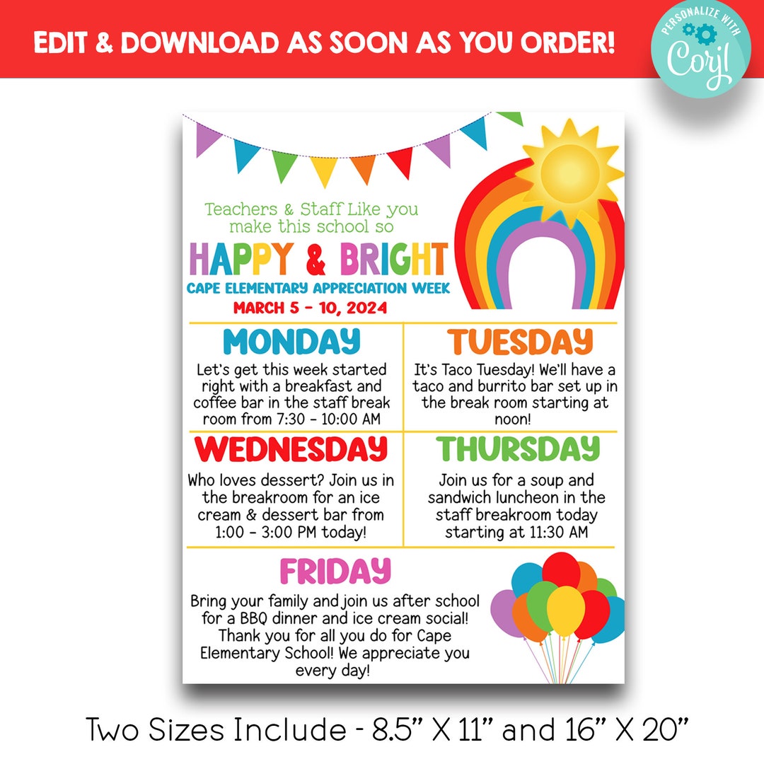 EDITABLE Rainbow Teacher Appreciation Week Itinerary | Happy & Bright ...