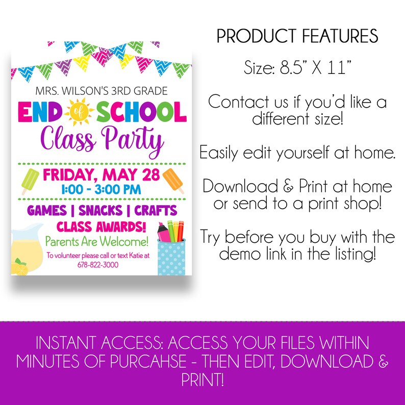 EDITABLE End of School Class Party Flyer Room Moms Class - Etsy
