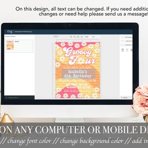 Editable Groovy Four Birthday Invitations | Pink/orange Hippie ...