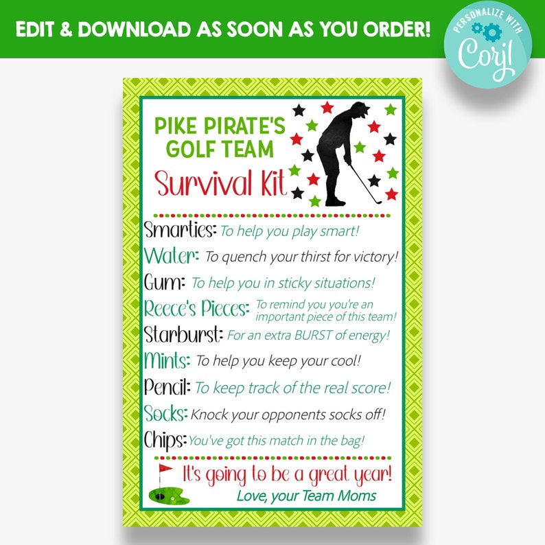 EDITABLE Golf Survival Kit Tag | Golf Team Gift Idea | School Sports ...