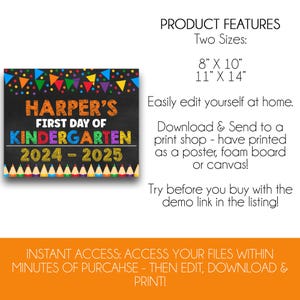 Editable Personalized First Day of Kindergarten Grade Sign | Bright ...