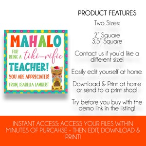 EDITABLE Mahalo for Being a Tiki-rific Teacher Square Gift Tag ...