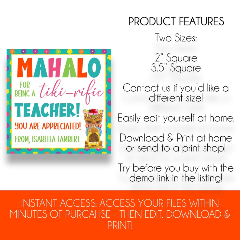EDITABLE Mahalo for Being a Tiki-rific Teacher Square Gift Tag - Etsy