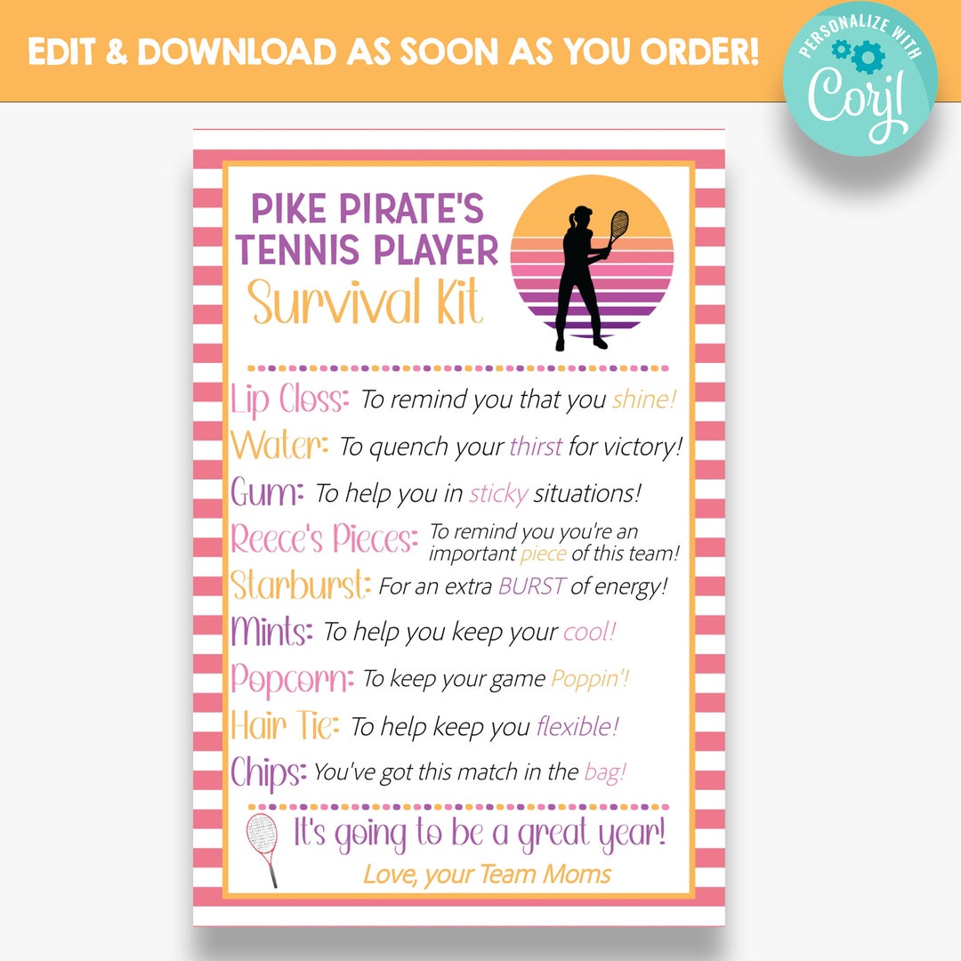 EDITABLE Girls Tennis Survival Kit Tag | Tennis Team Gift Idea | School ...