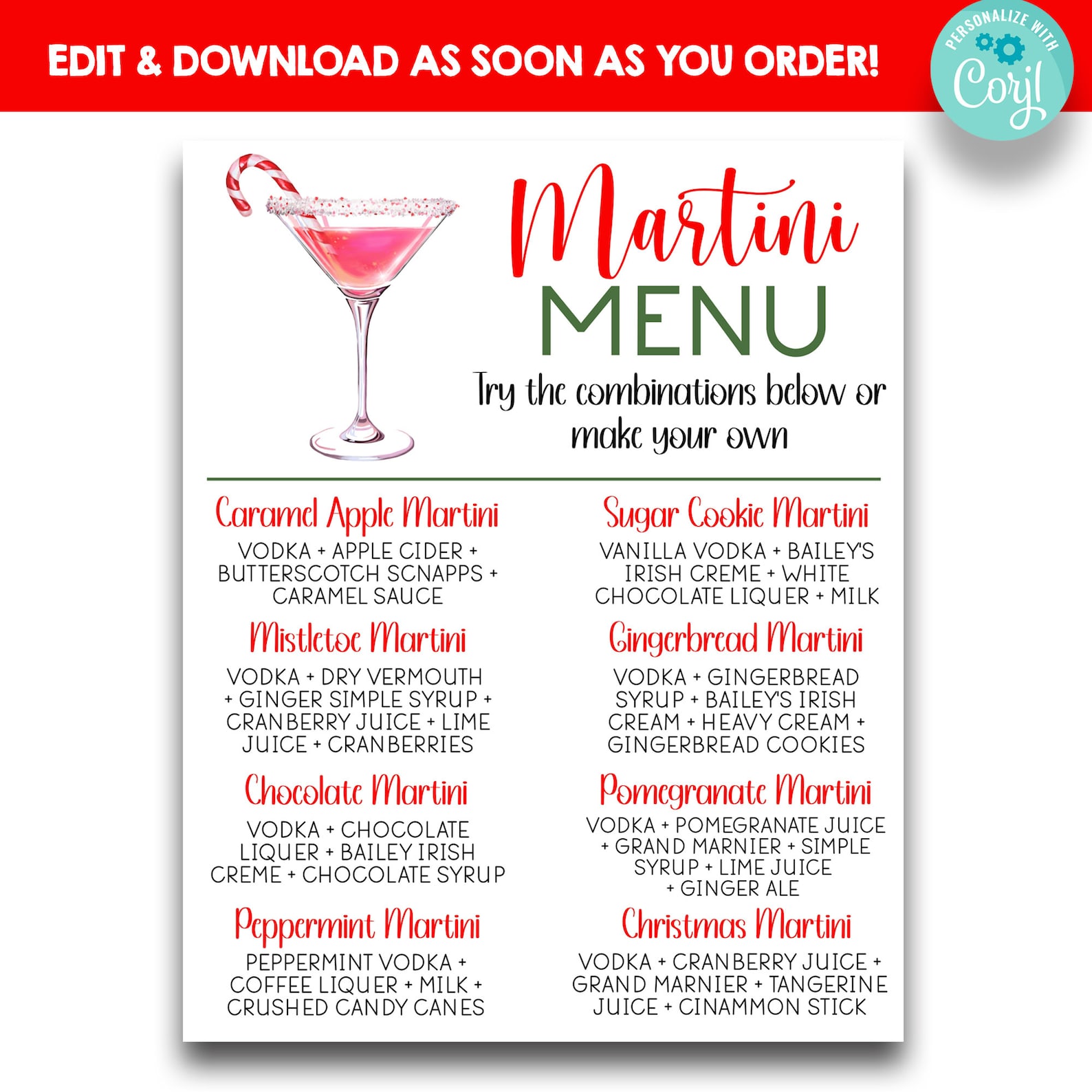 EDITABLE Christmas Martini Menu Christmas Cocktail Party Menu Holiday ...