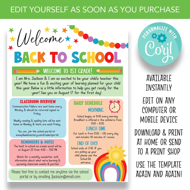 EDITABLE Welcome Back to School Rainbow Newsletter | Back to School ...