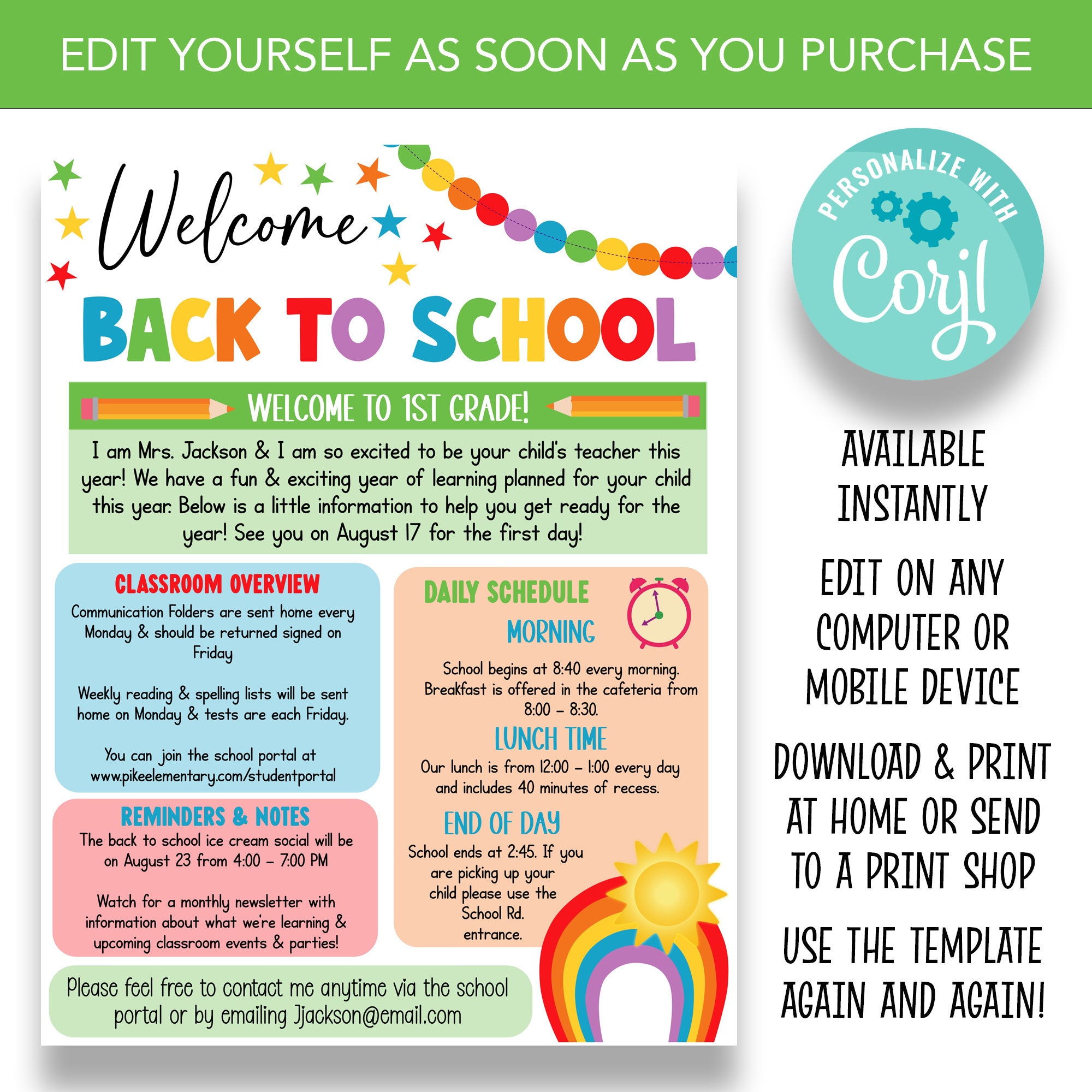 EDITABLE Welcome Back to School Rainbow Newsletter | Back to School ...