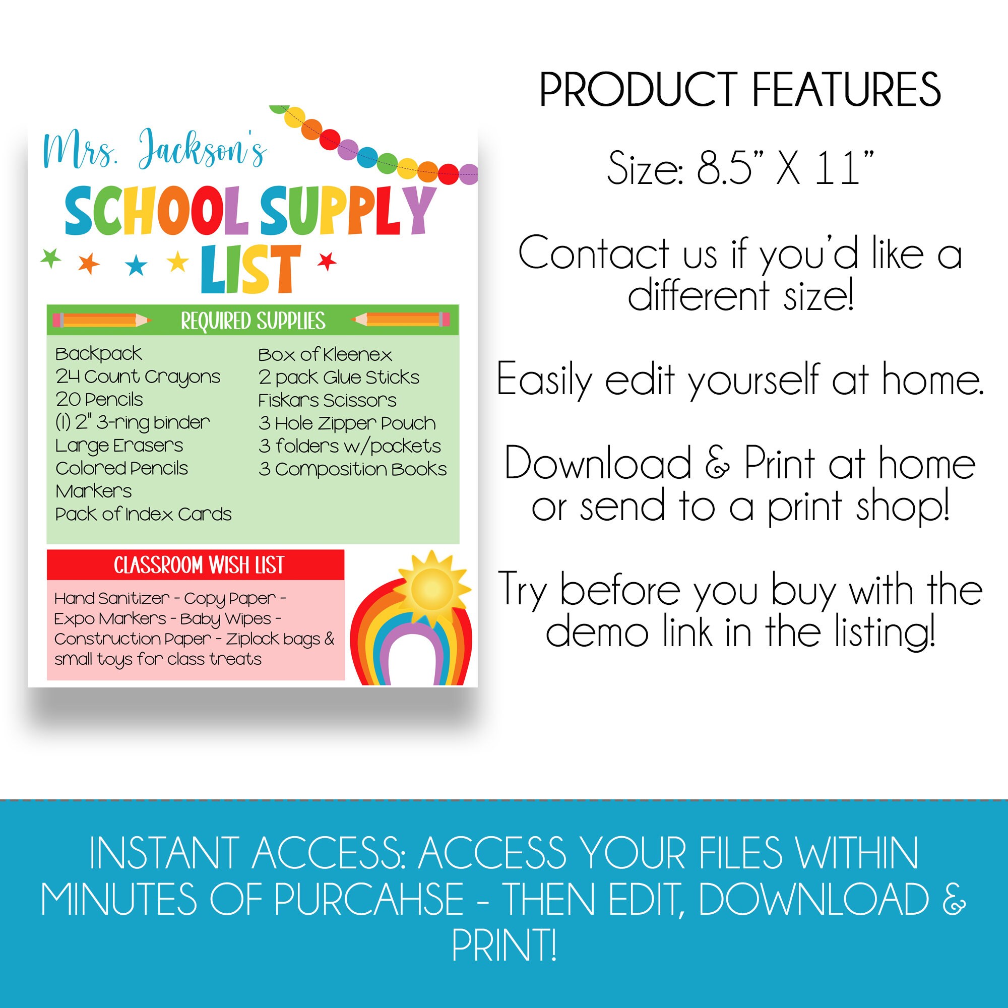 EDITABLE Rainbow School Supply List Printable | Elementary School ...