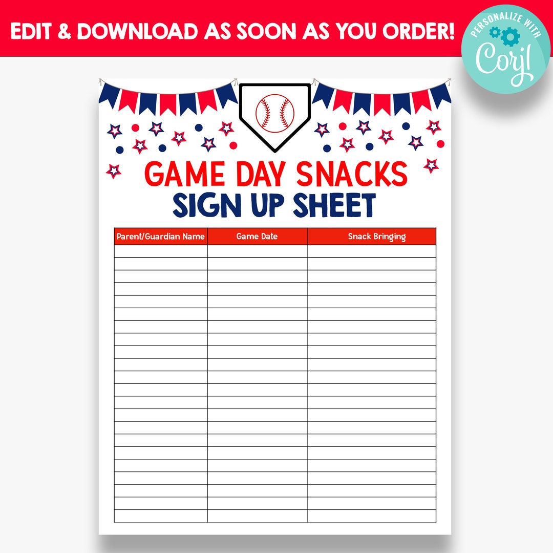 EDITABLE Baseball Snack Sign Up Sheet Game Day Snacks Sign Up Printable