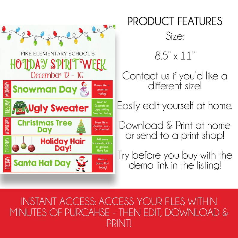 EDITABLE Holiday Spirit Week Flyer | Printable Winter Spirit Week ...
