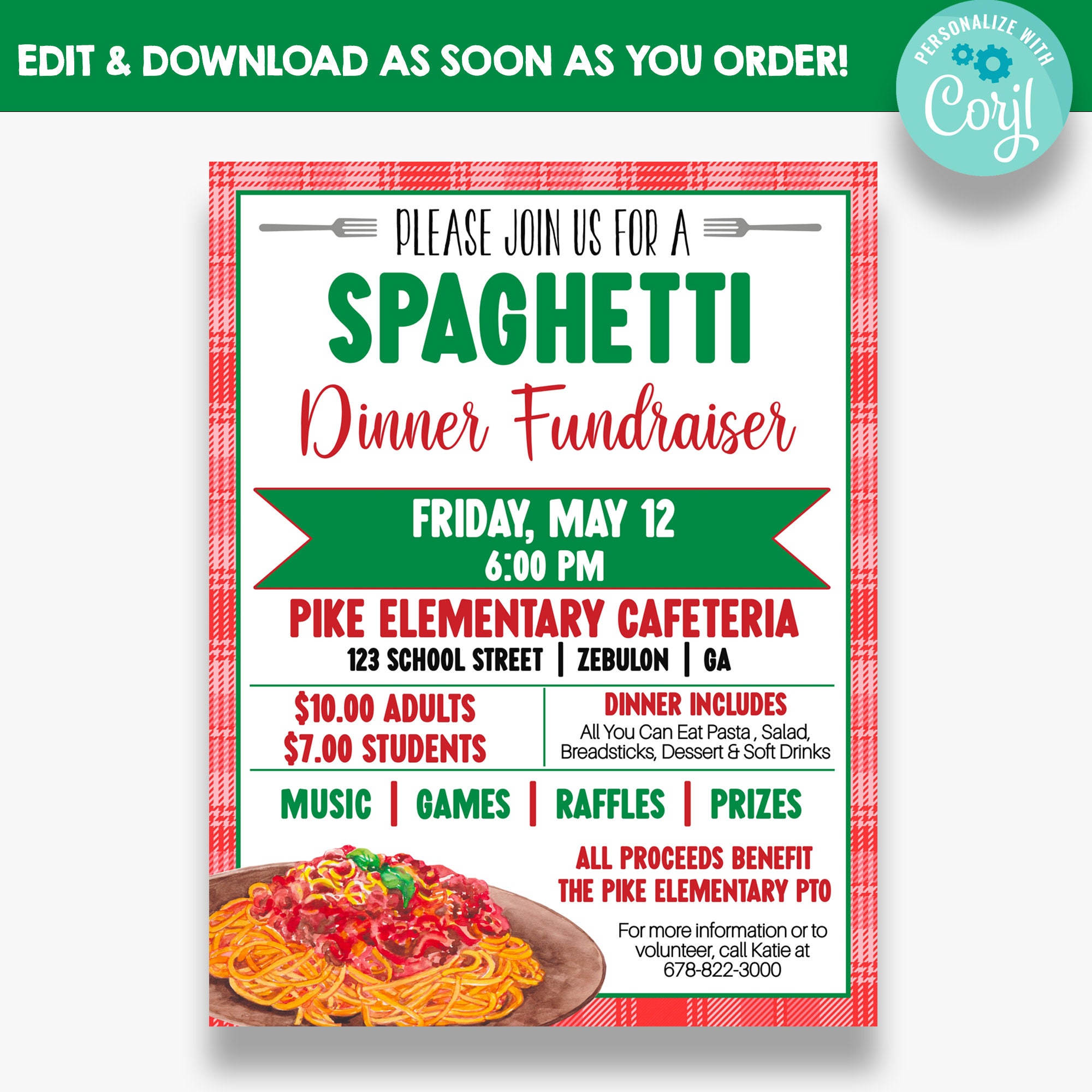 EDITABLE Spaghetti Dinner Fundraiser Flyer With Bonus Tickets - Etsy