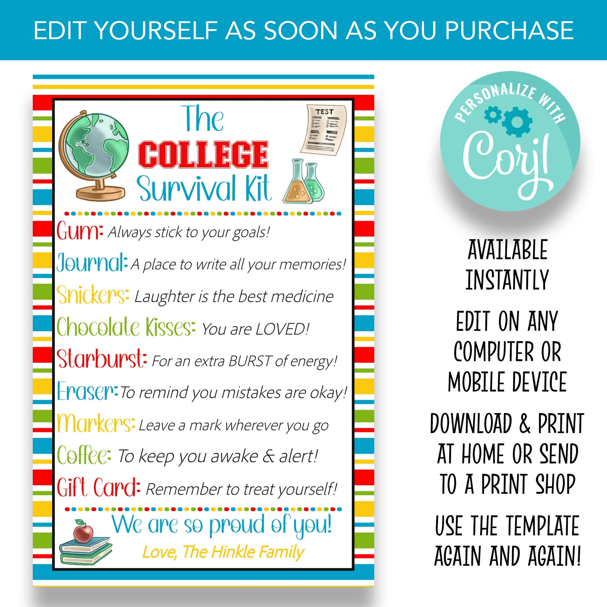 EDITABLE College Survival Kit Gift Tags | Printable Going Away to ...