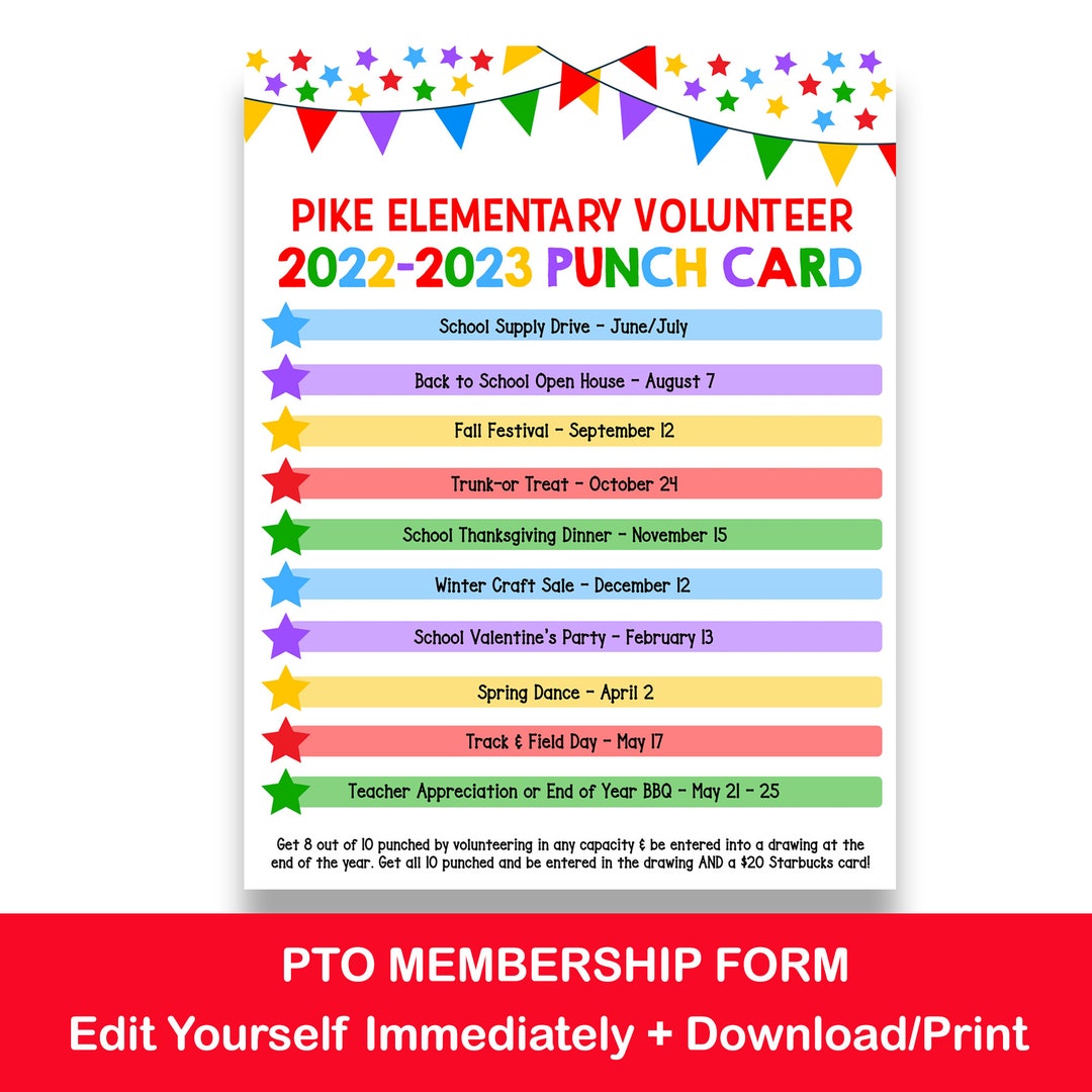 Editable PTO Volunteer Punch Card | PTO Fundraiser Volunteer Printable ...