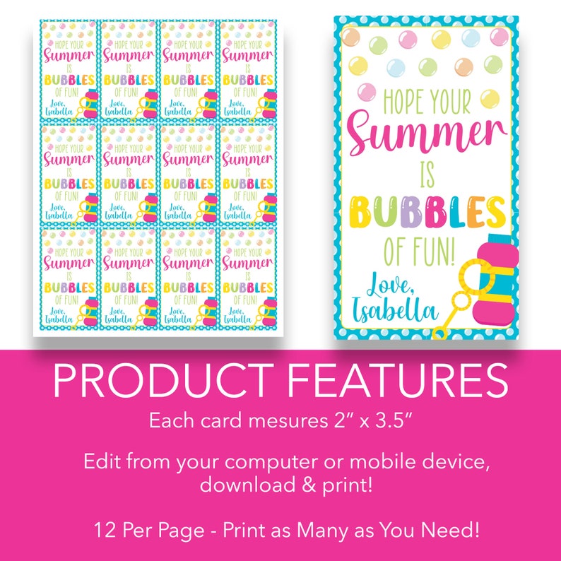 EDITABLE Hope Your Summer is Bubbles of Fun Rectangle Gift Tags | End ...