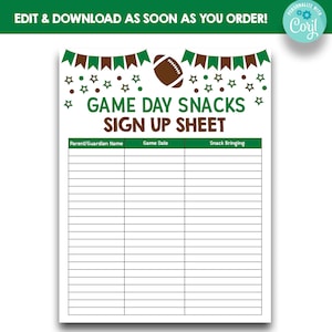 EDITABLE Football Snack Sign up Sheet | Game Day Snacks Sign up ...