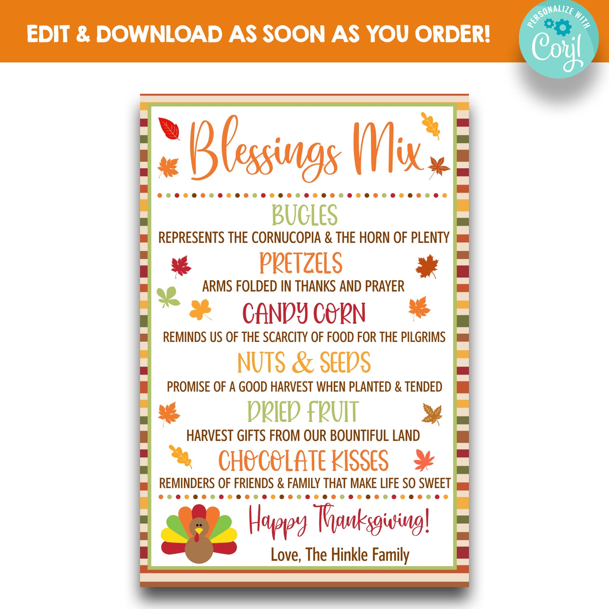 EDITABLE Thanksgiving Blessings Mix Treat Bag Tag | Fall Appreciation ...