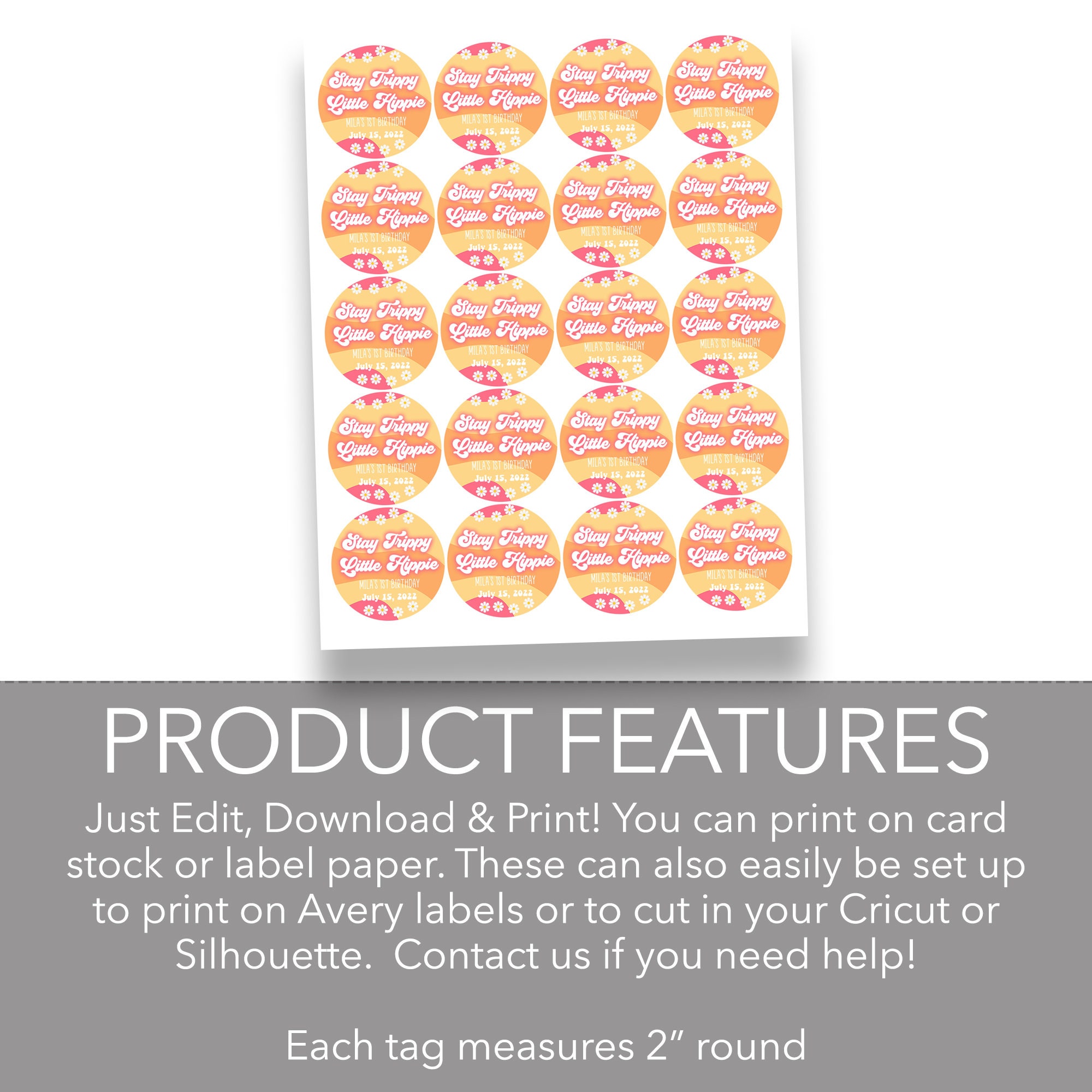 EDITABLE Stay Trippy Little Hippy Favor Tags Pink & Orange - Etsy