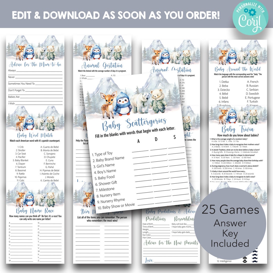 EDITABLE Winter Woodland Animals Baby Shower Game Bundle | Printable ...