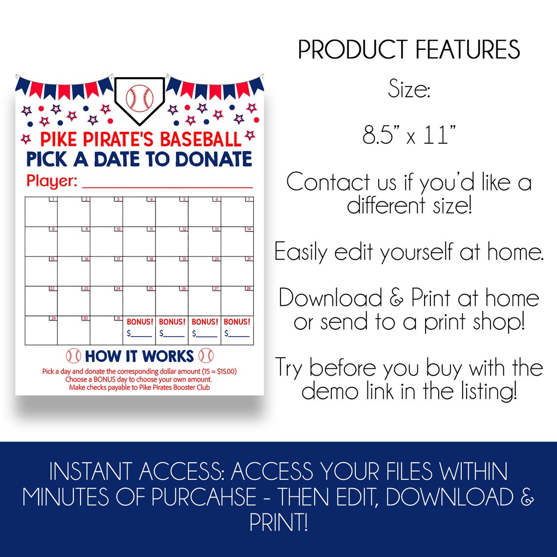EDITABLE Pick a Date to Donate Printable Baseball Team - Etsy