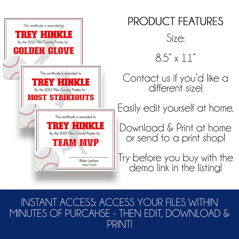 EDITABLE Baseball Award Certificates Printable Baseball - Etsy