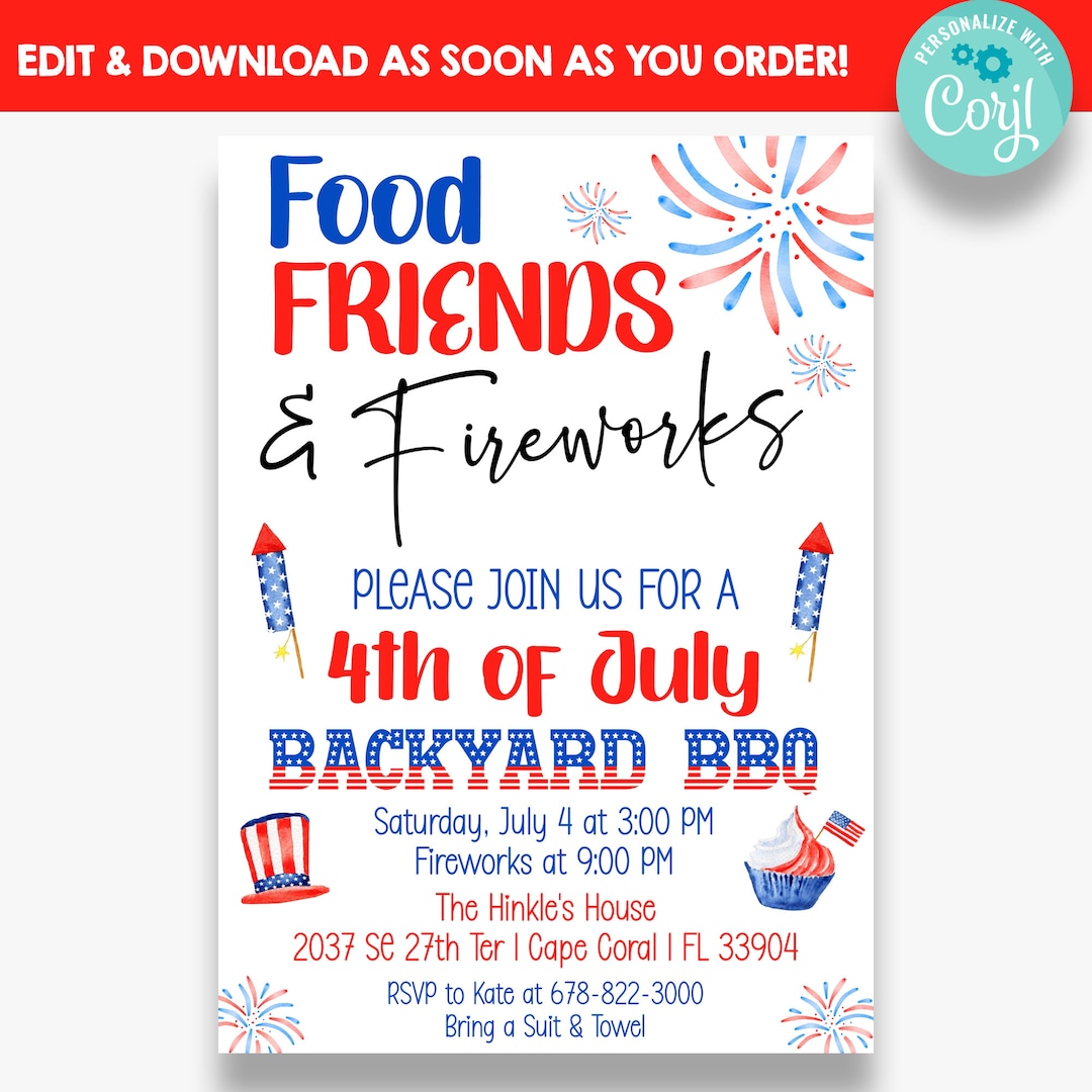 EDITABLE Food, Friends & Fireworks 4th of July BBQ Party Invitation ...