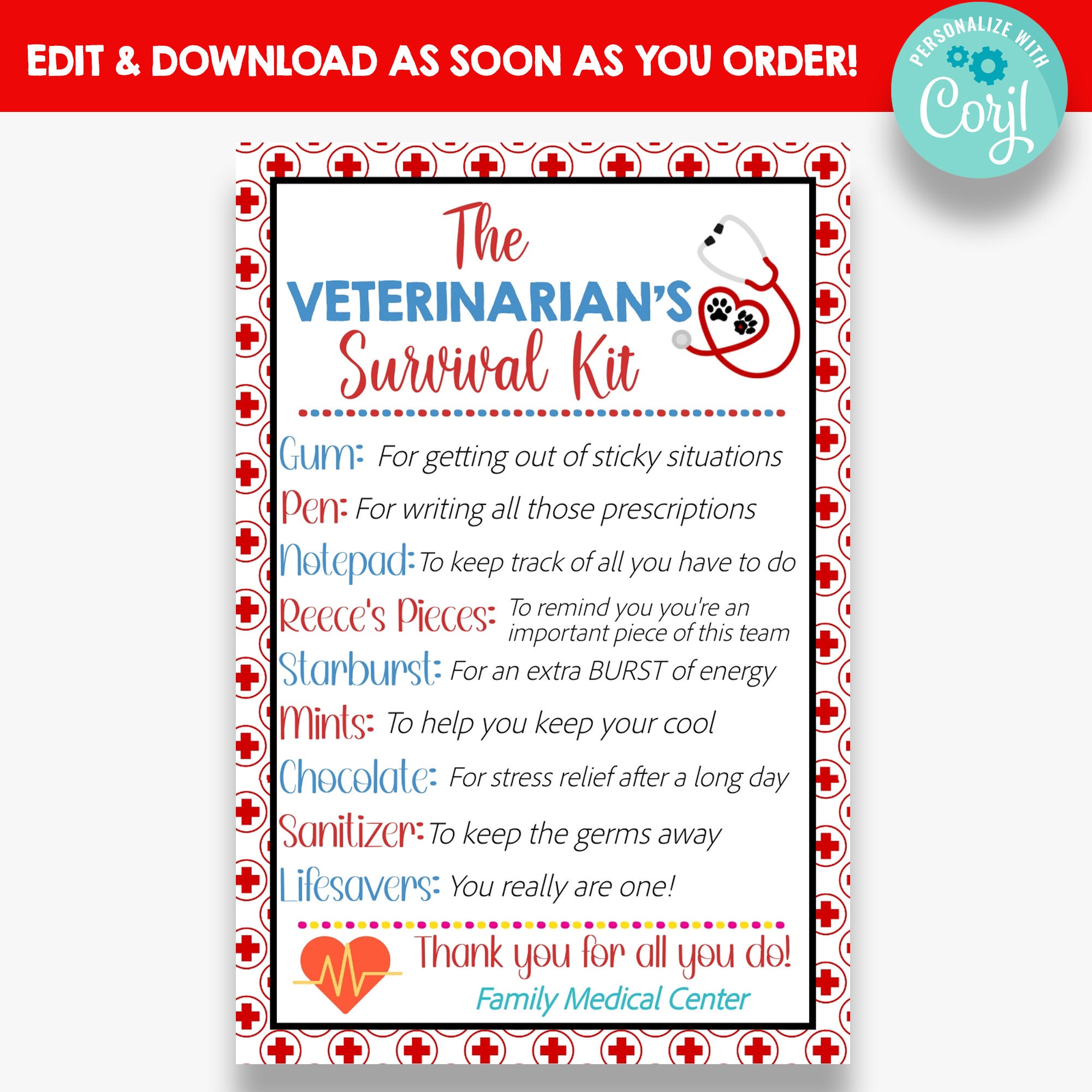EDITABLE Veternarian's Survival Kit Gift Tag Vet Thank - Etsy